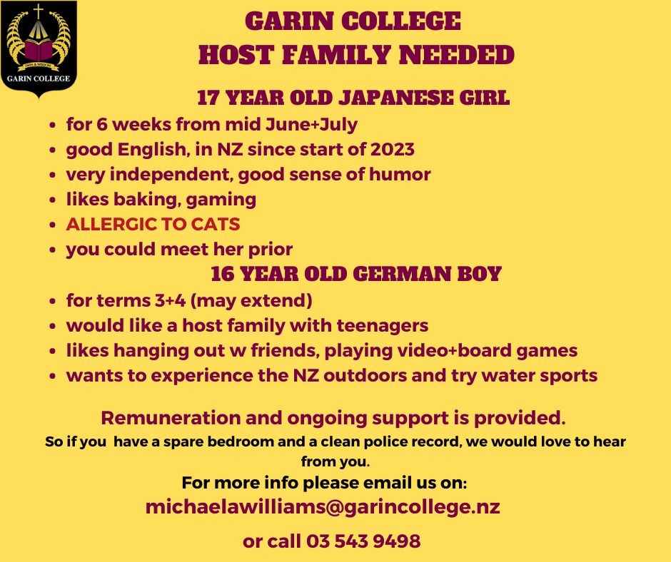 Required: International Student Homestays - Garin College